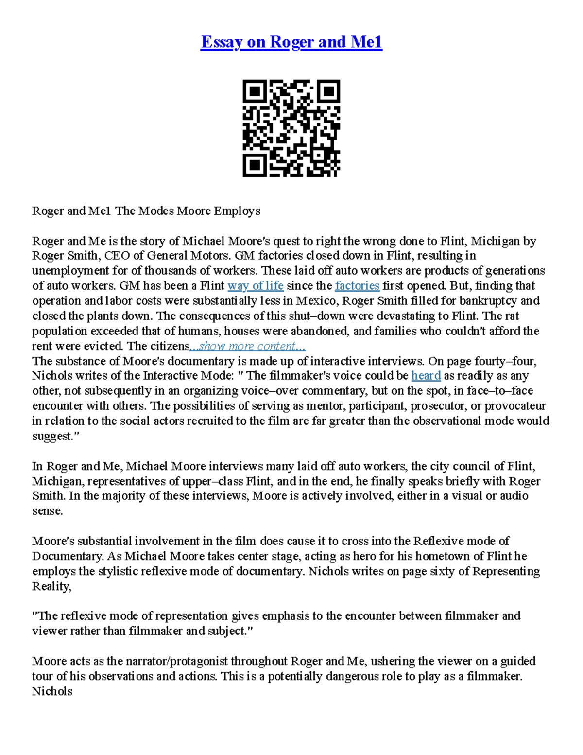 Roger And Me Essay - Essay on Roger and Me Roger and Me1 The Modes ...