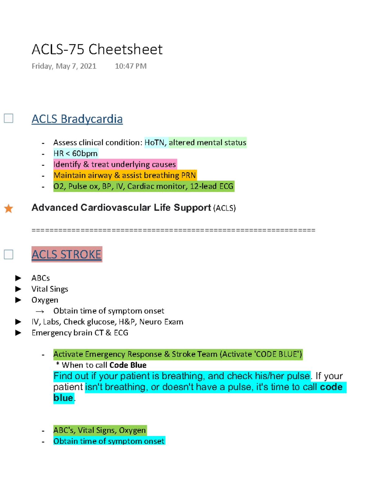 ACLS-75 Cheetsheet - ACLS Bradycardia - Assess clinical condition: HoTN ...