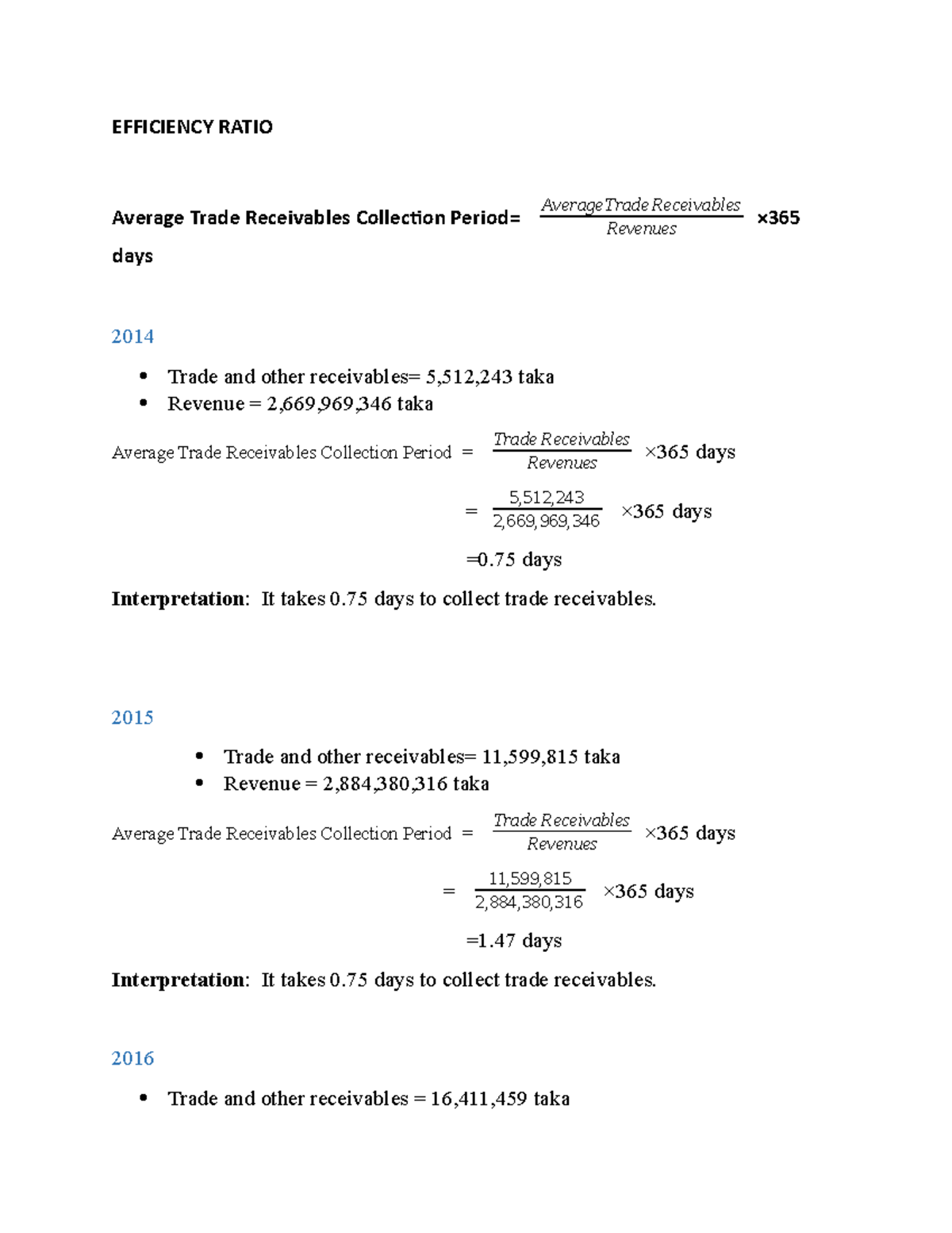 Efficiency Ratio - EFFICIENCY RATIO Average Trade Receivables ...