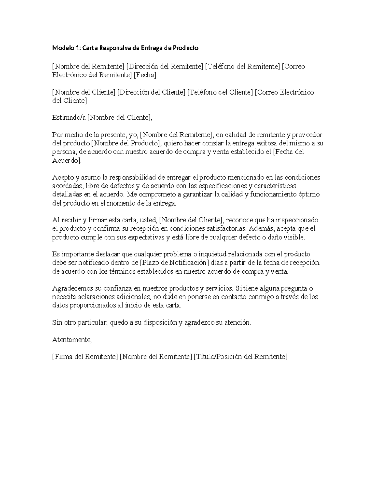 Modelo 1 Carta Responsiva de Entrega de Producto fordoc - Modelo 1 ...