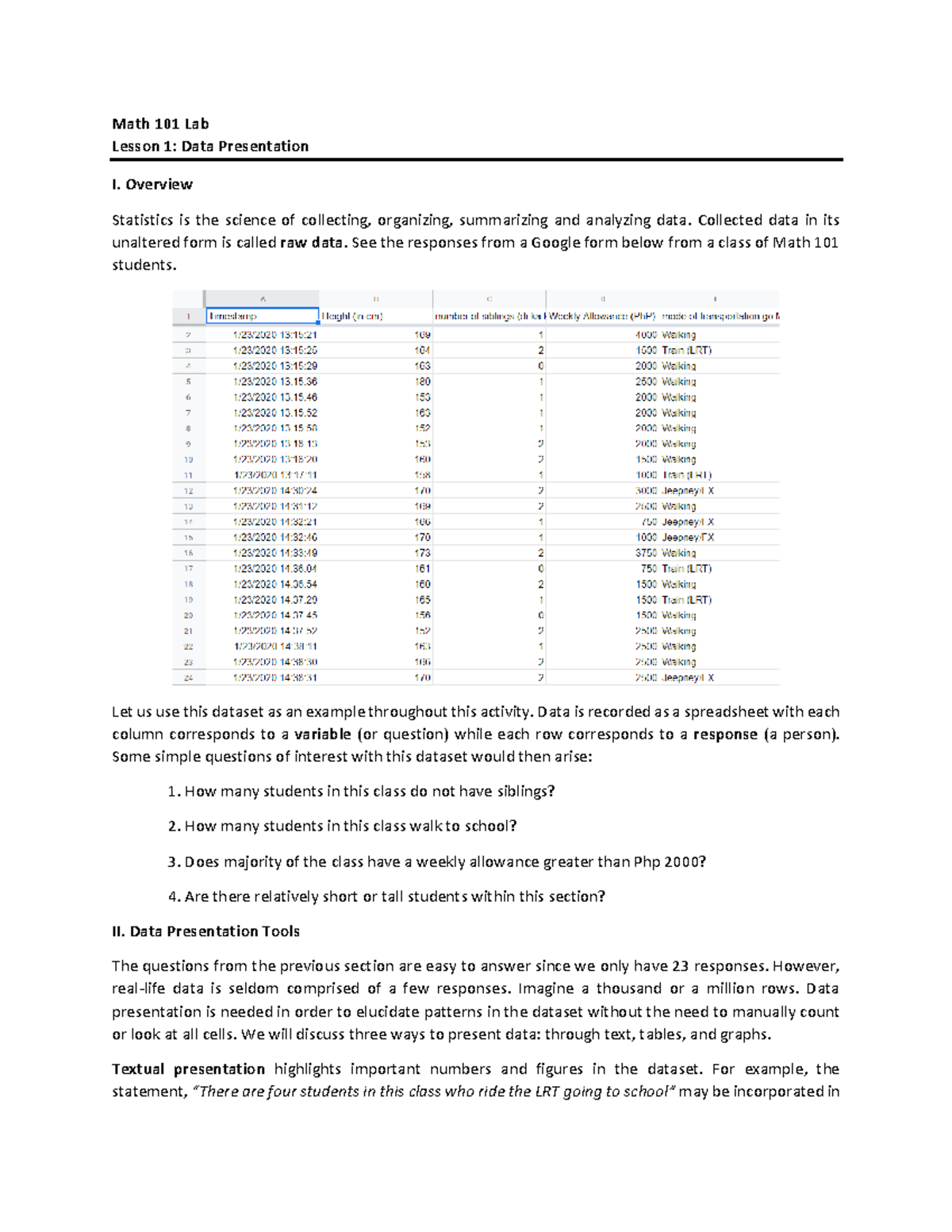 General Chemistry Lecture Notes 2021 - Math 101 Lab Lesson 1: Data ...