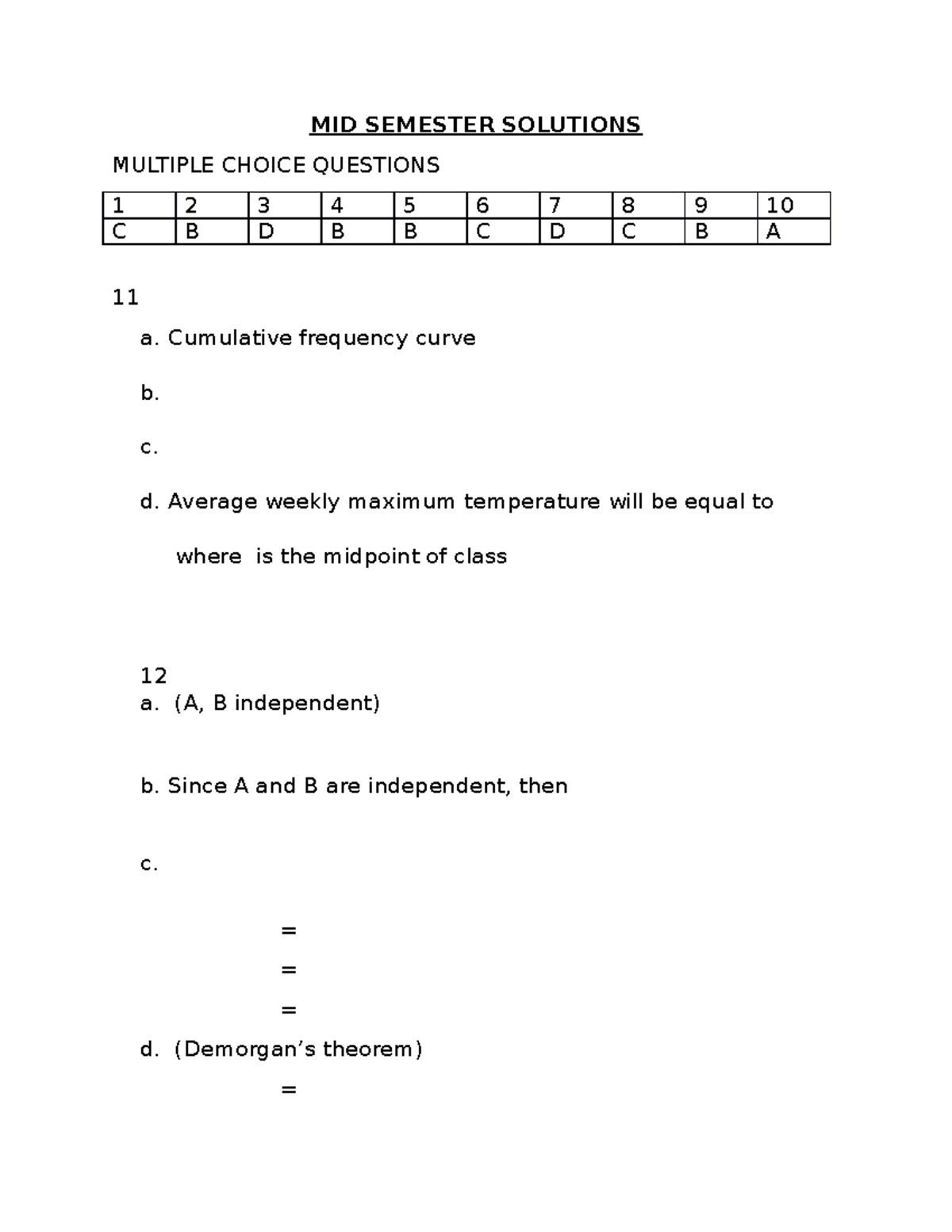 Introduction to Statistics analysis and probability - MID SEMESTER ...