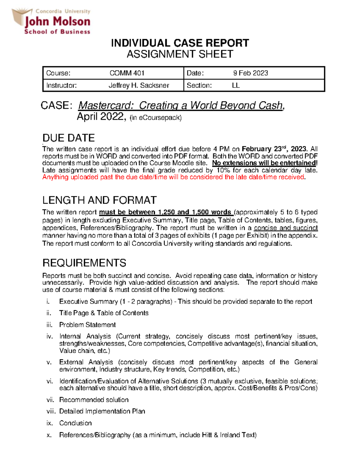 Individual CASE Assignment Sheet - COMM 401 LL W2023 - INDIVIDUAL CASE REPORT ASSIGNMENT SHEET ...