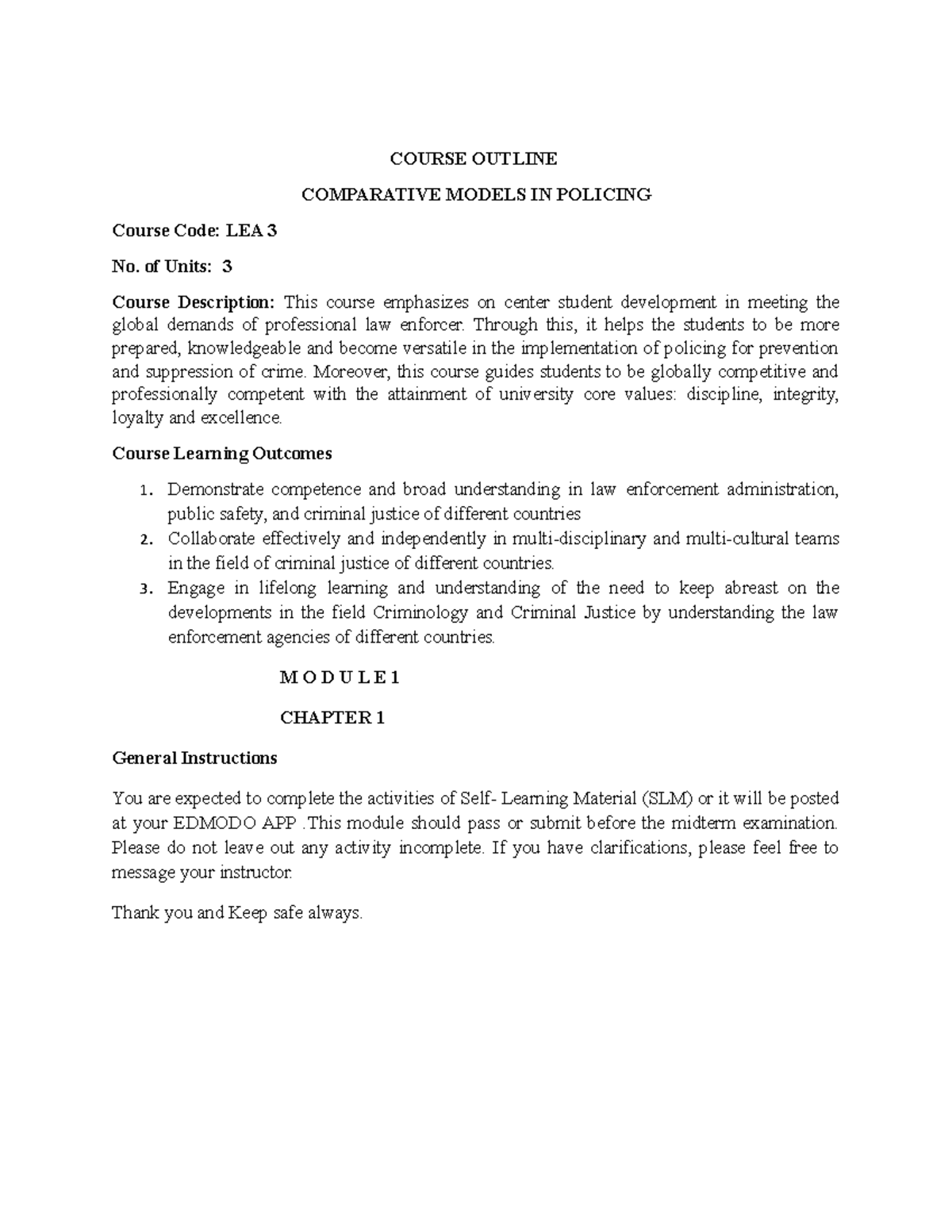 Lea3 - Module FOR Comparative Models IN Policing - COURSE OUTLINE ...