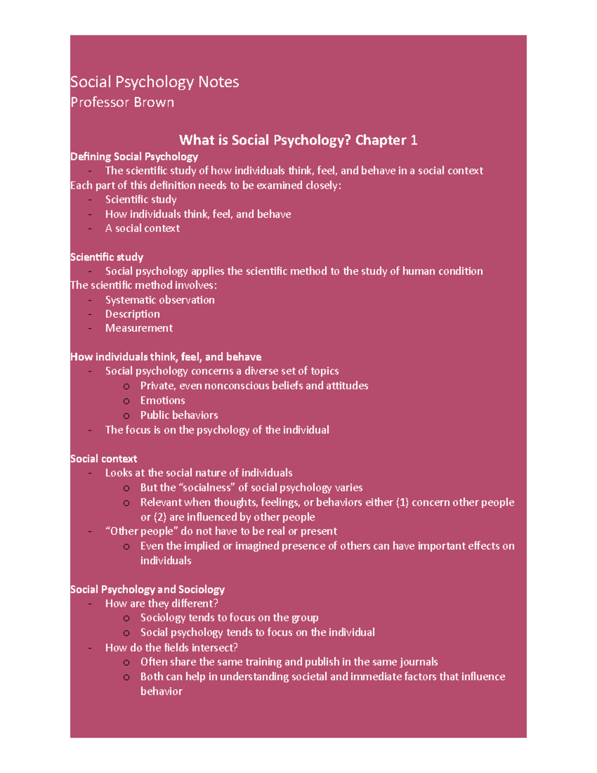 Social Psychology Notes - Social Psychology Notes Professor Brown What ...