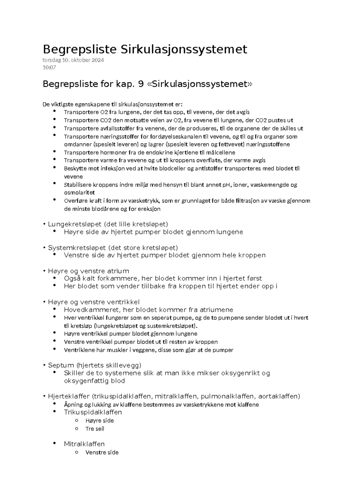Begrepsliste Sirkulasjonssystemet - Begrepsliste Sirkulasjonssystemet torsdag 10. oktober 2024 ...