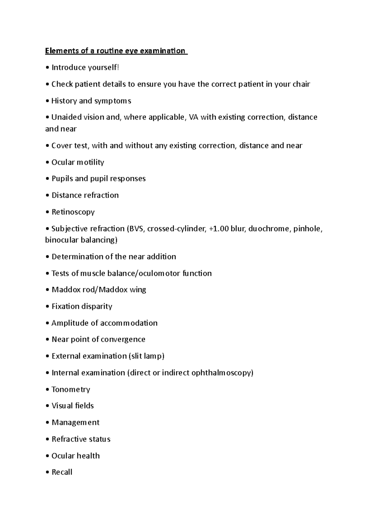 Notes for Clinical Studies Exam - Elements of a routine eye examination ...