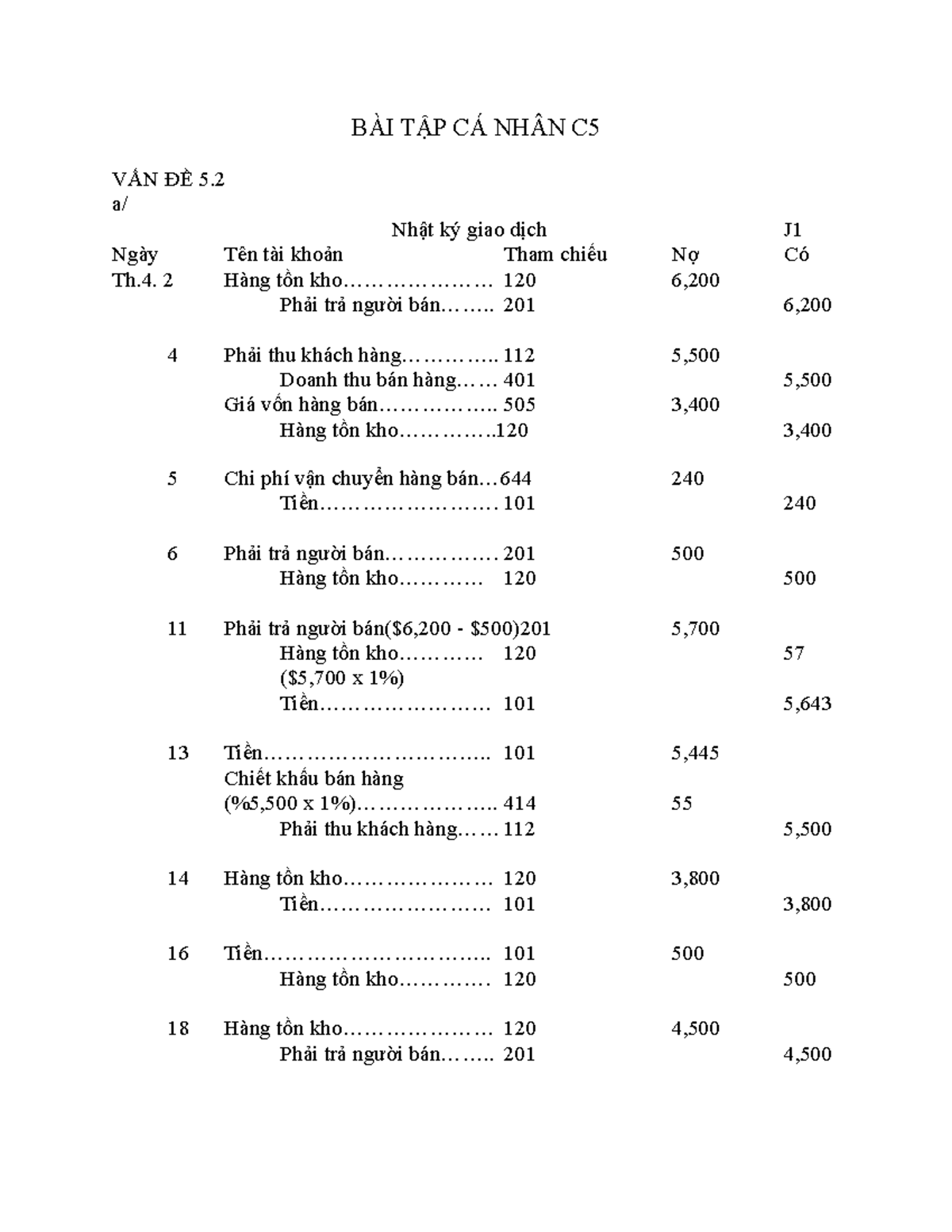 BÀI TẬP CÁ NHÂN C5 nguyên lý kế toán - a/ Hàng bán bị trả lại No. Th 1 ...