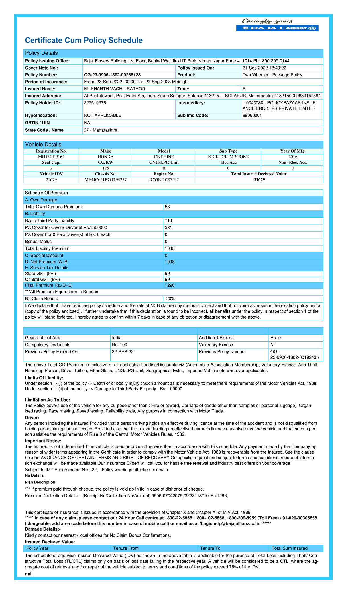 Insurance - frh - Certificate Cum Policy Schedule Policy Details Policy ...