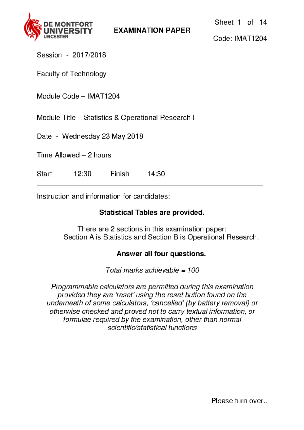 IMAT1204 exam MAIN 2018 Formatted - Sheet 1 of 14 EXAMINATION PAPER ...
