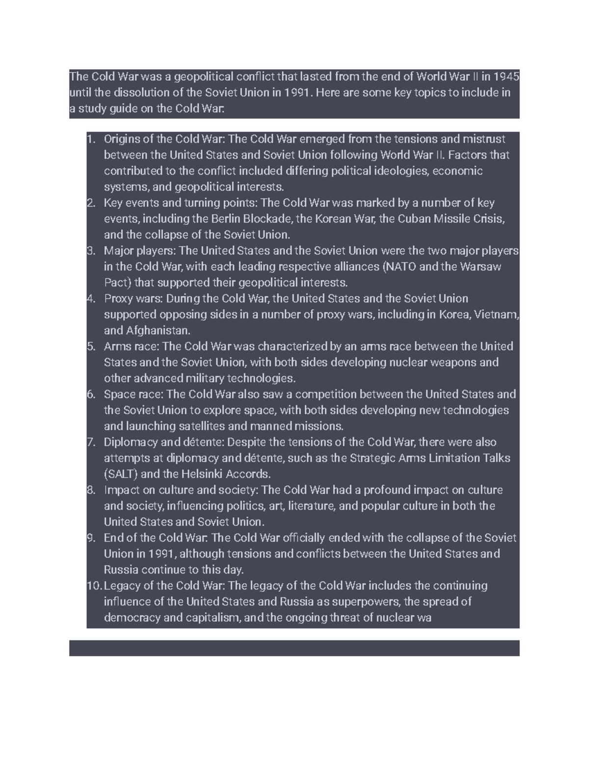 The Cold War was a geopolitical conflict that lasted from the end of ...