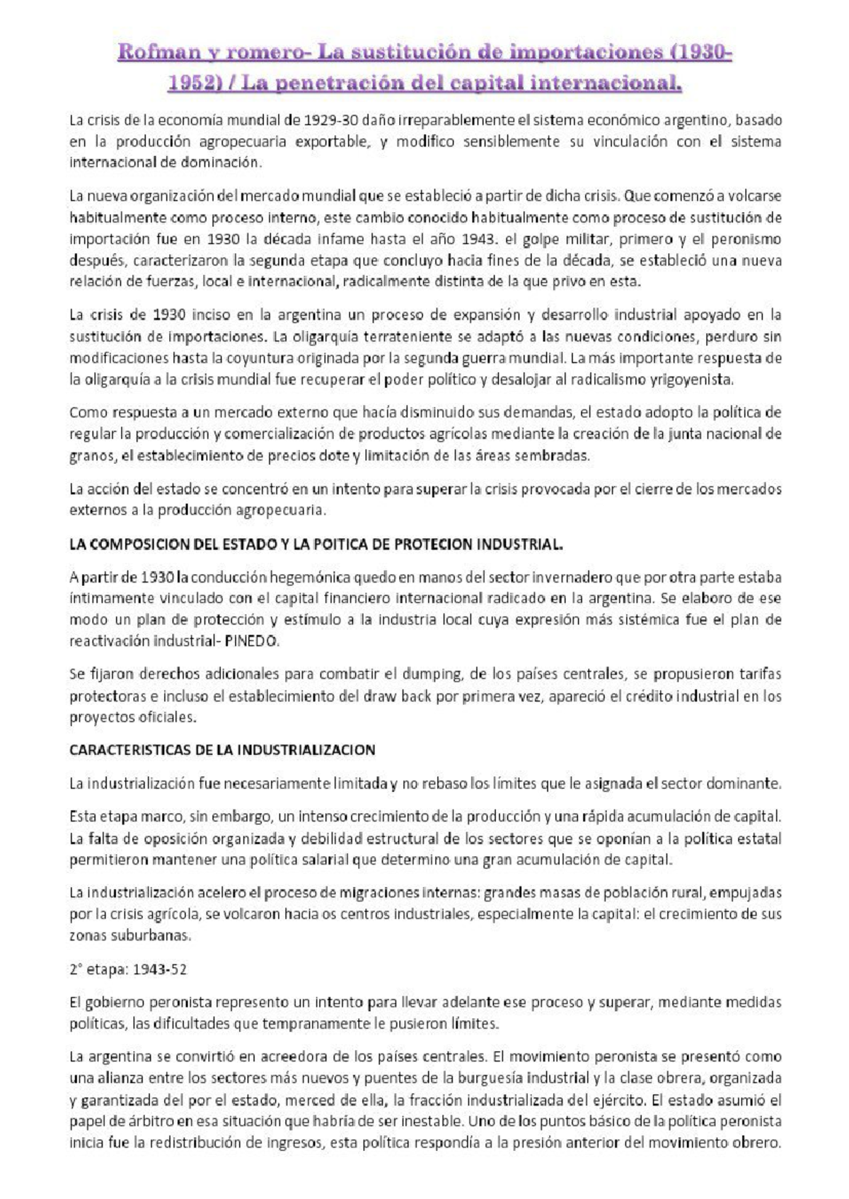 Roffman y Romero - Resumen - Rofman y La sustitución de importaciones 1952) La penetración del ...