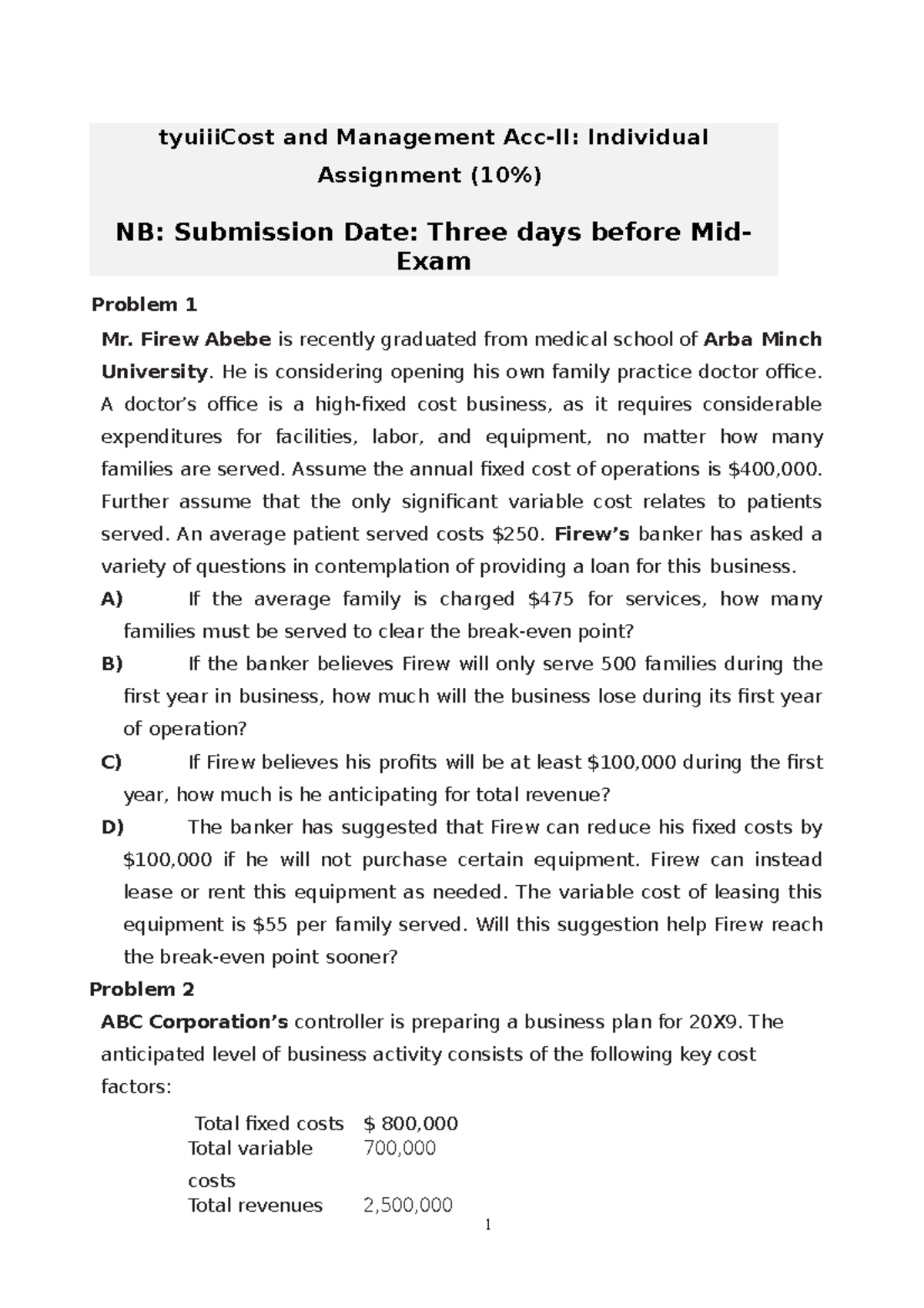 CMA-II- Individual Assignment - tyuiiiCost and Management Acc-II: Individual Assignment (10%) NB ...