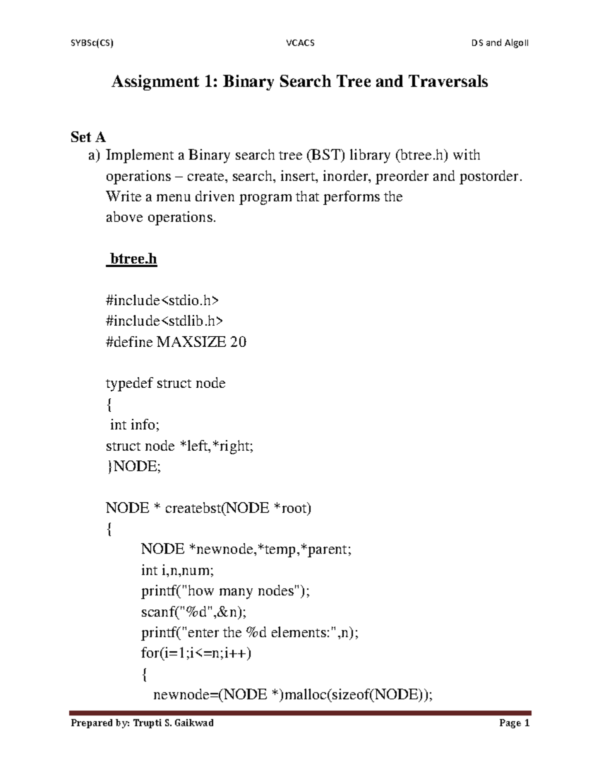DS Assignment 1 sem IV - data structure note - Assignment 1: Binary Search Tree and Traversals ...