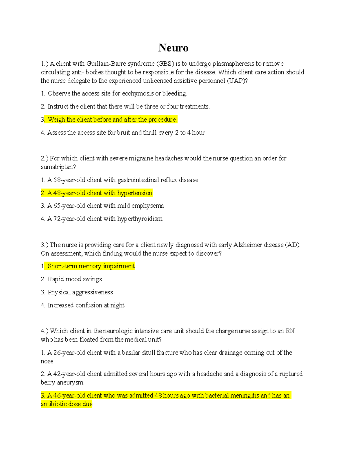 Nclex Practice Questions- Neuro II- Student - Neuro 1.) A client with ...