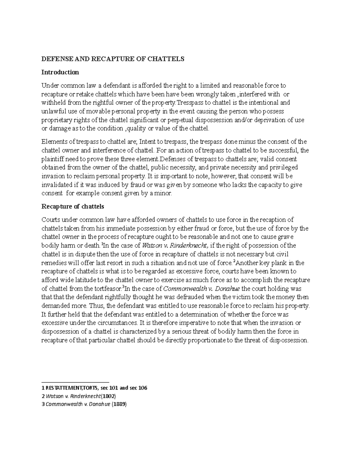 Defense AND Recapture OF Chattels - DEFENSE AND RECAPTURE OF CHATTELS ...