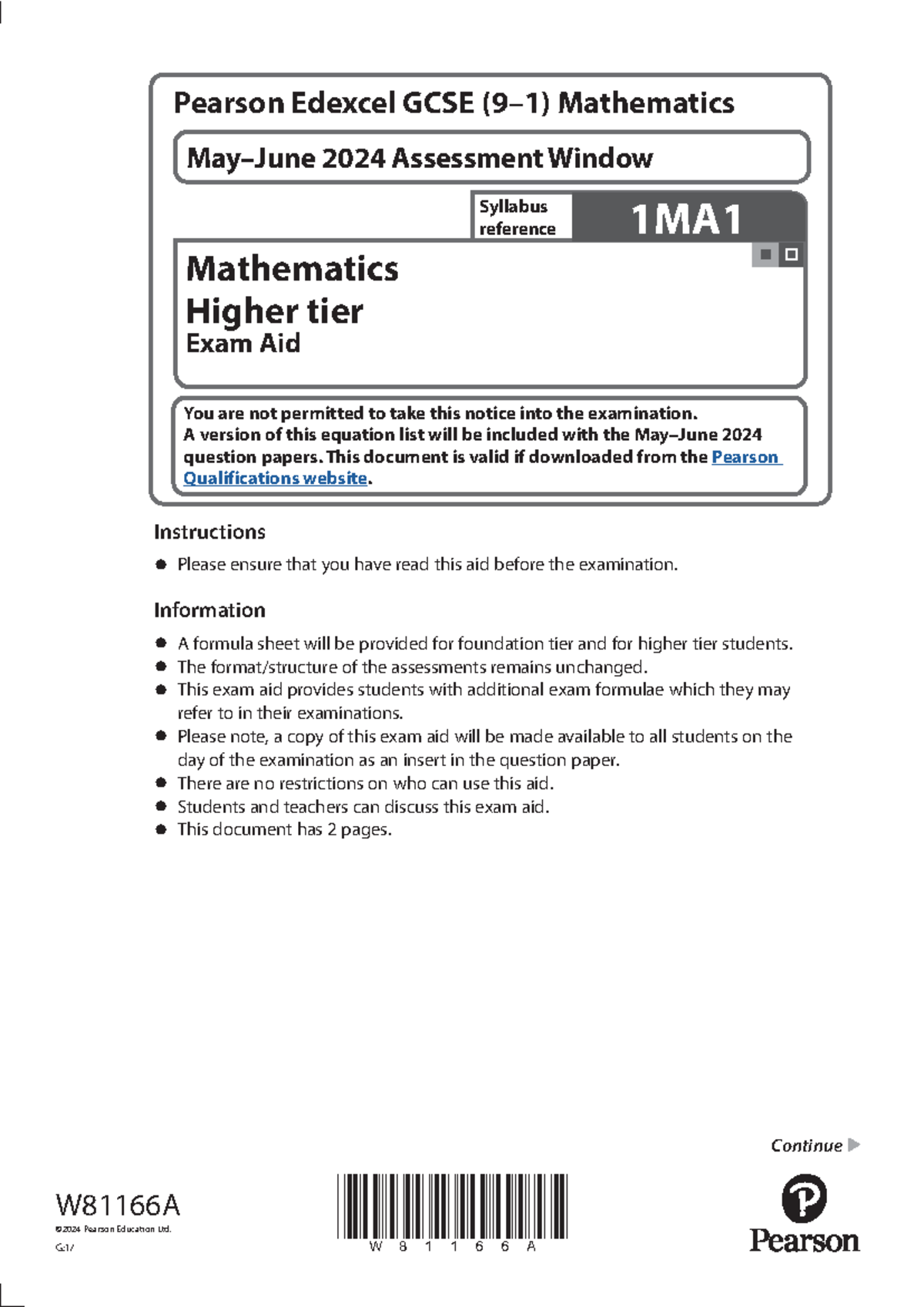 Gcse mathematics 1ma1 exam aid 1h2h3h 1 - W81166A W81166A ©2024 Pearson Education Ltd. G:1 ...