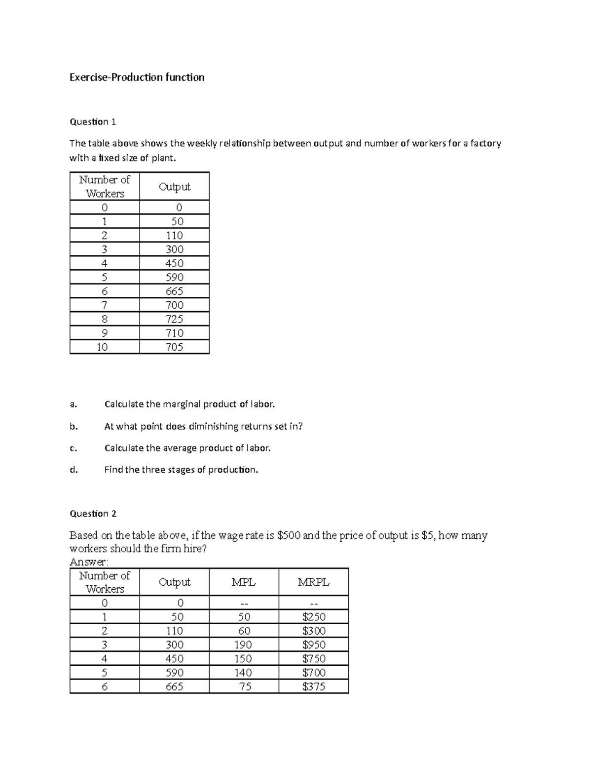 Exercise Production Function Exercise Production Function Question 1 The Table Above Shows The