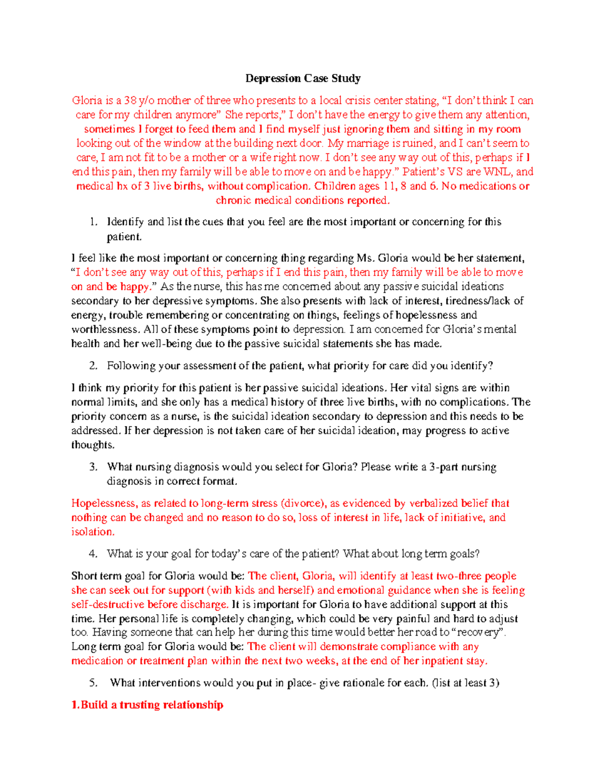 Depression/Suicidal Ideation Case Study - Depression Case Study Gloria ...