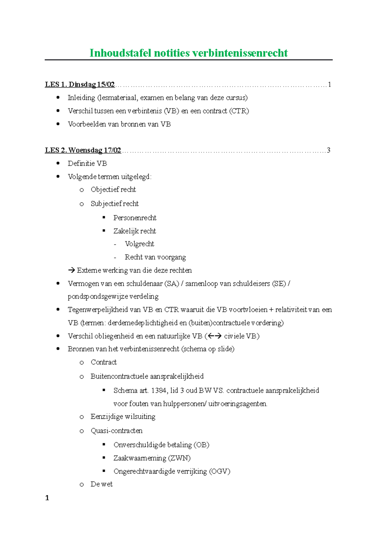 Inhoudstafel notities verbintenissenrecht - Dinsdag 15/02 - Studocu