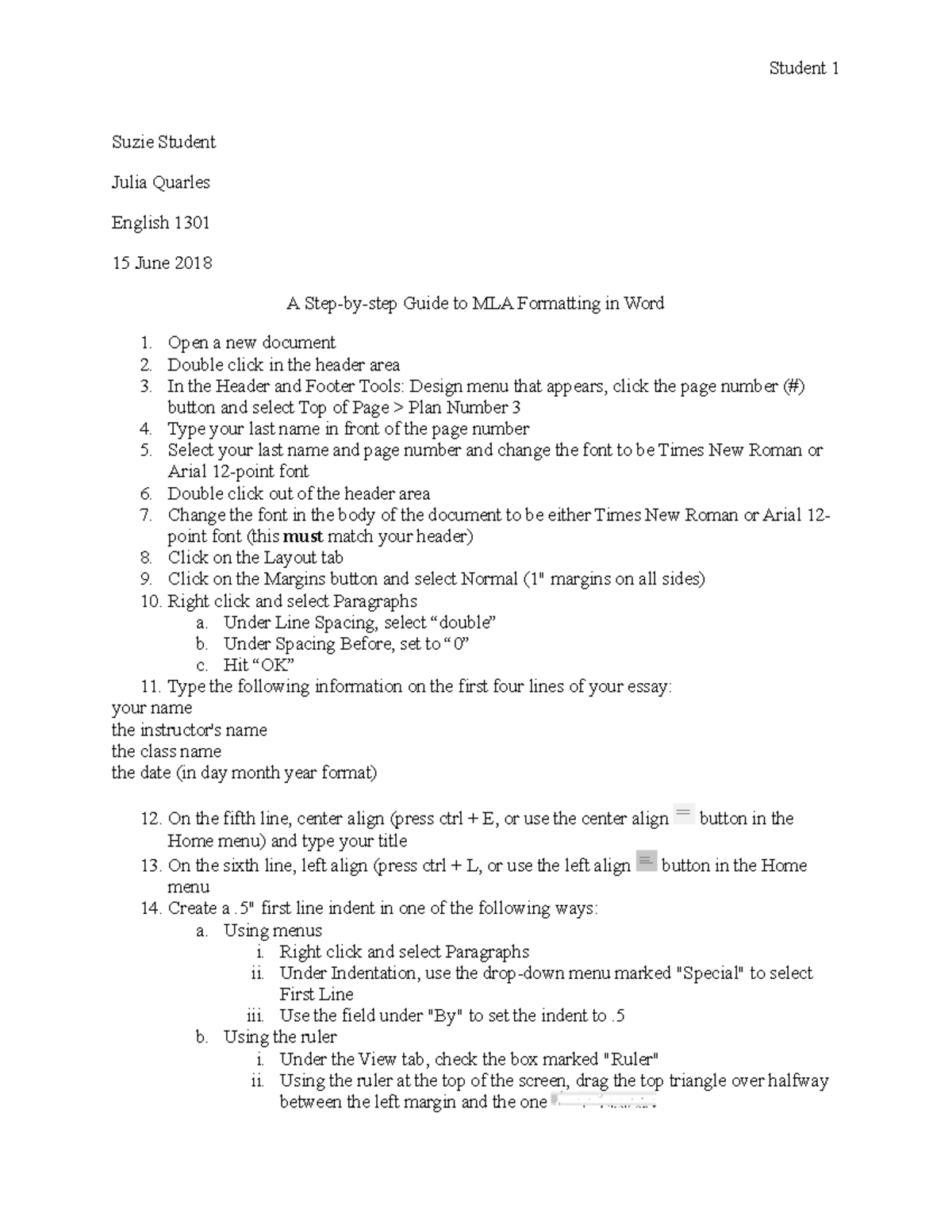 MLA Formatting Step-by-step - Microsoft Word(1) - Student 1 Suzie ...