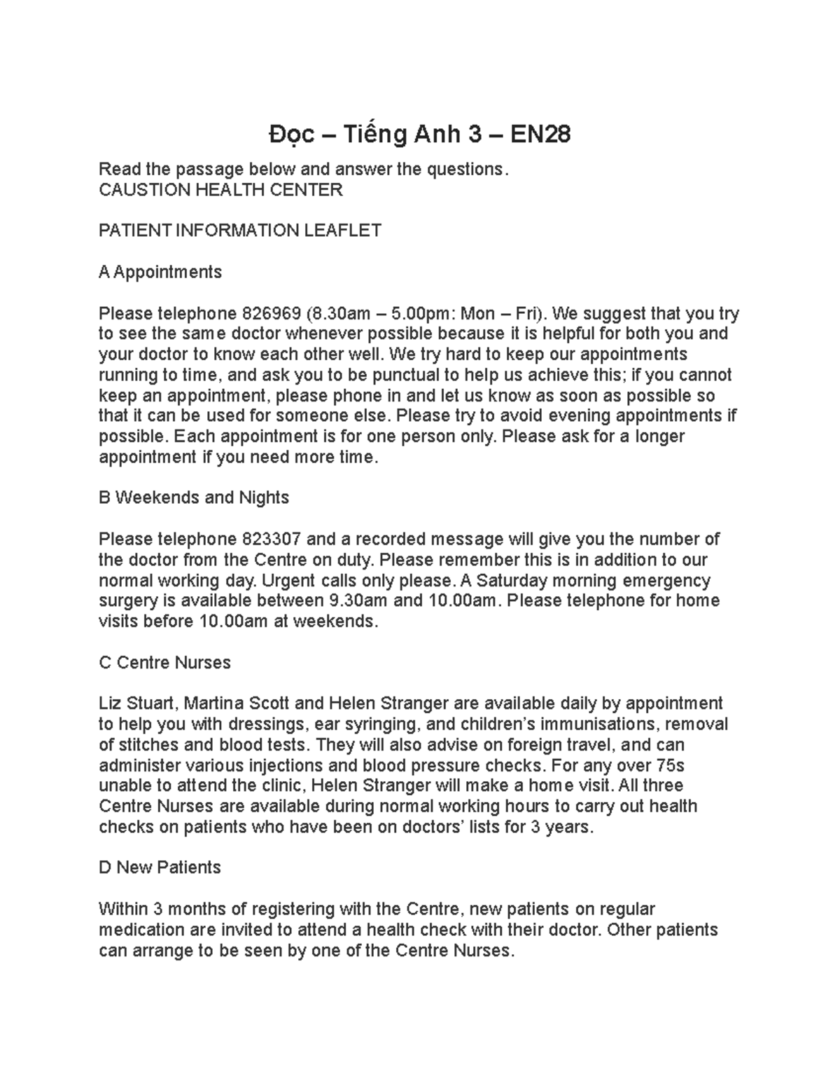 [123doc] - dap-an-mon-doc-3-ehou-dai-hoc-mo-day-du - Đọc – Tiếng Anh 3 – EN Read the passage ...