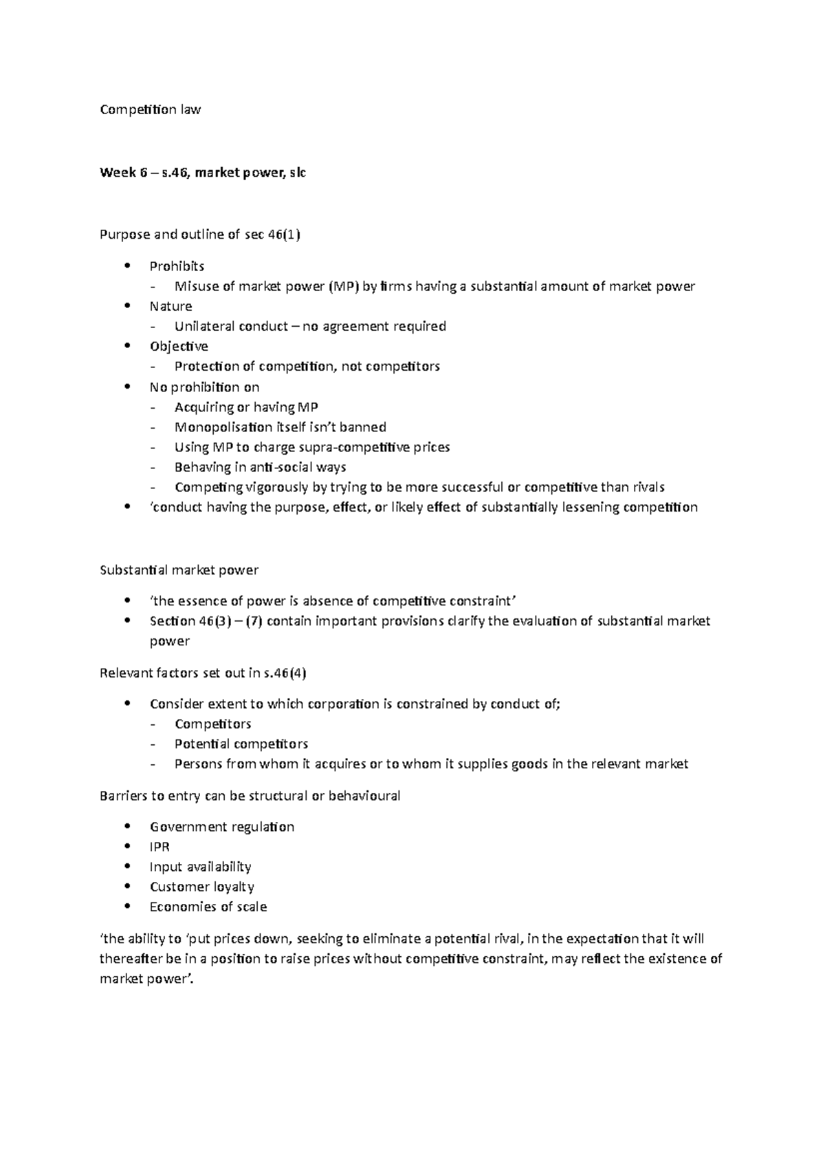 Competition law notes week 6-10 - Competition law Week 6 – s, market ...