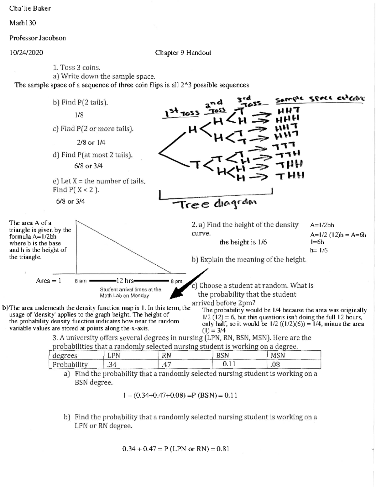 130 Wk 5 Chapter 9 Handout (2) - The sample space of a sequence of three coin flips is all 2^3 ...
