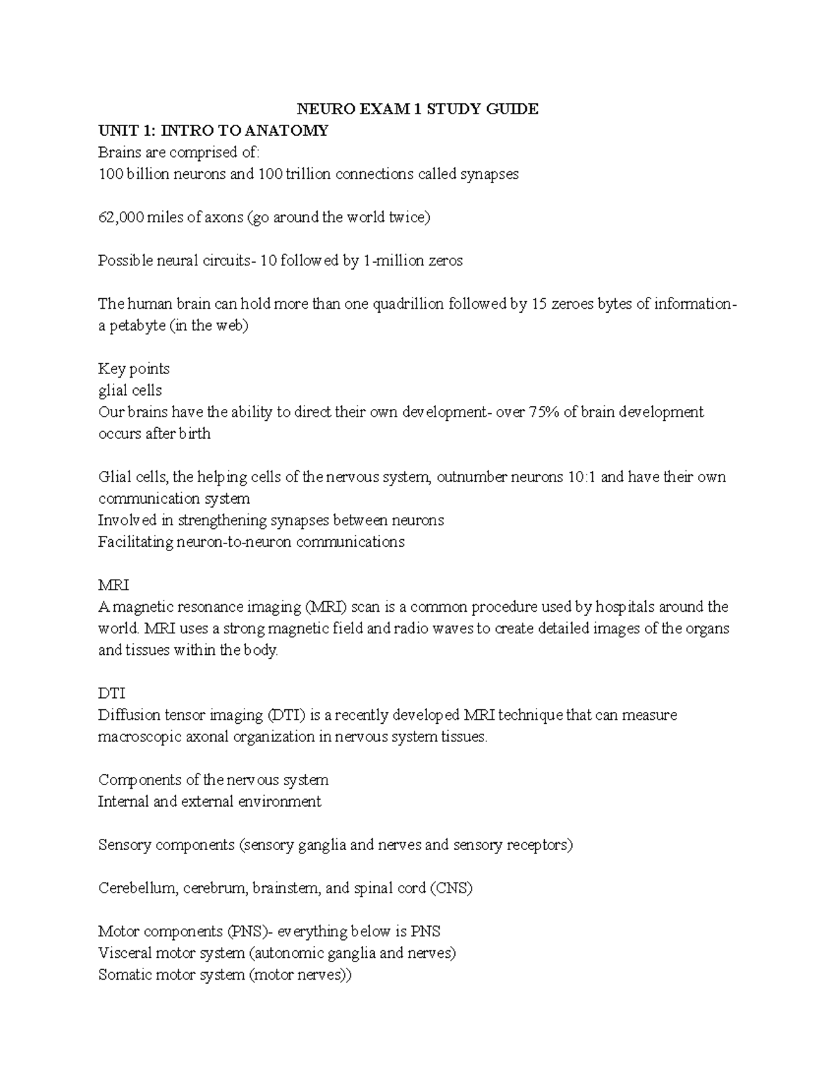 Neuro EXAM 1 Study Guide all lecture notes - NEURO EXAM 1 STUDY GUIDE ...