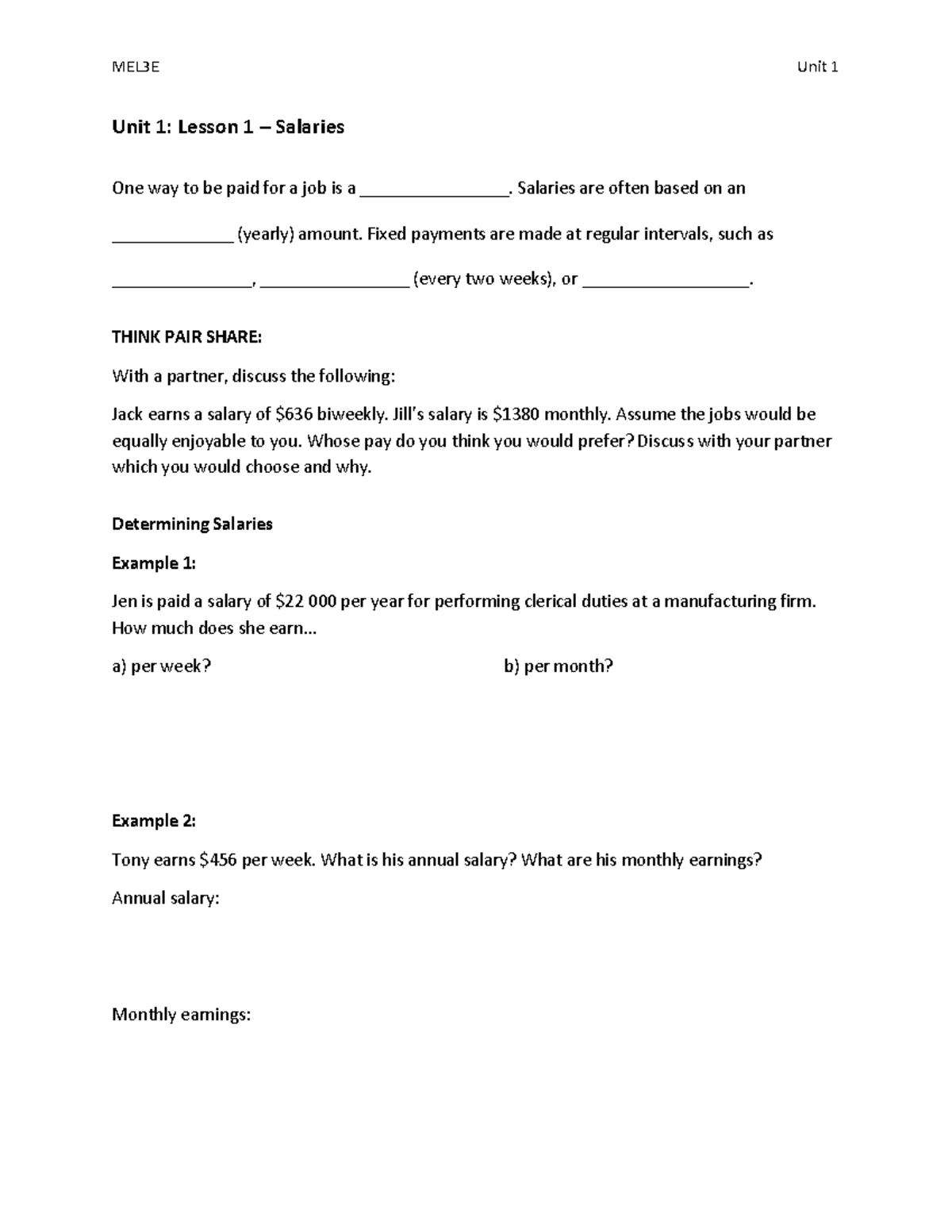 Unit 1 day 1 salaries - MEL3E Unit 1 Unit 1: Lesson 1 – Salaries One ...