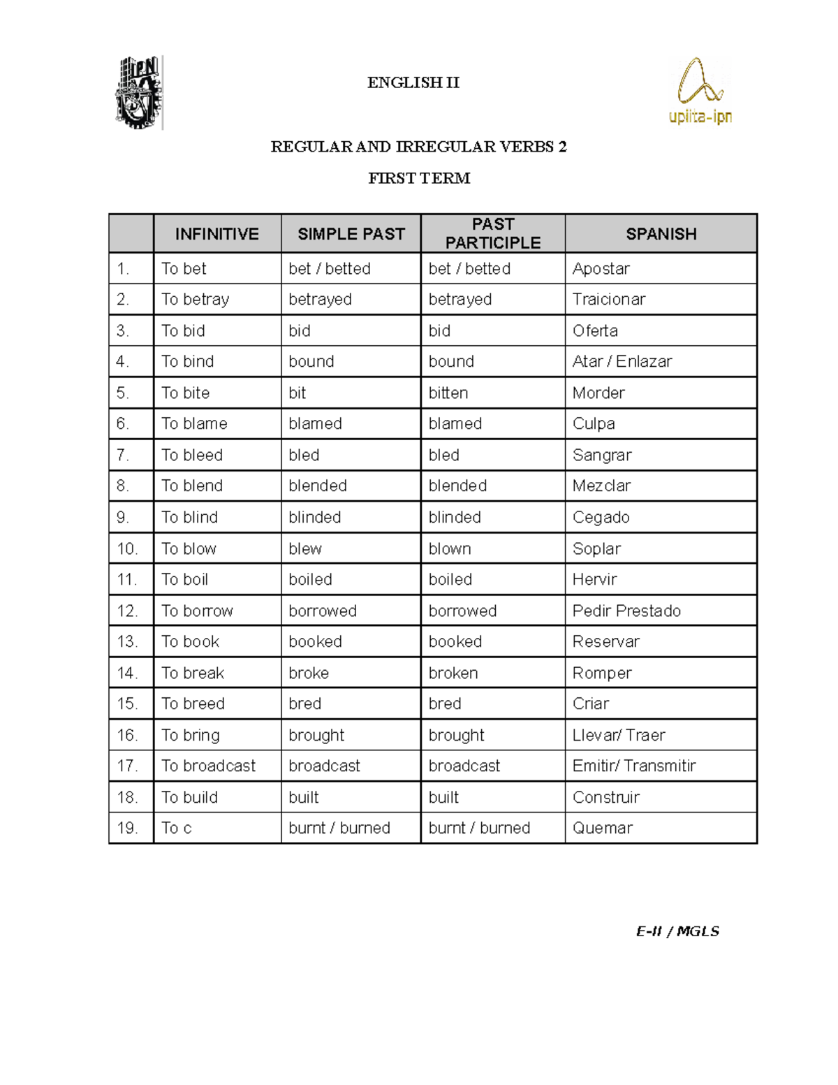 Verbs 2-SS - tablka de verbos de ingles II - ENGLISH II REGULAR AND ...
