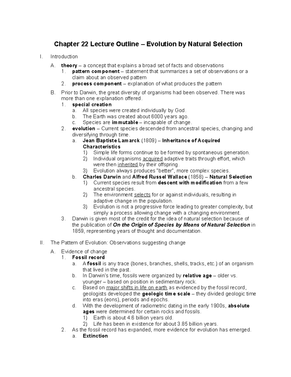Ch 22 Evolution by Natural Selection - Chapter 22 Lecture Outline ...