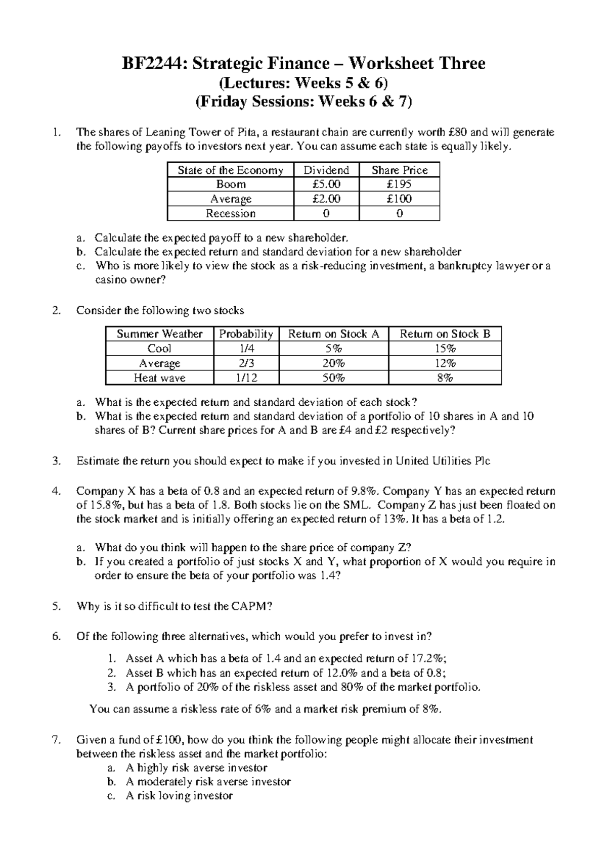 SF Tutorial Three - practice questions - BF2244: Strategic Finance ...