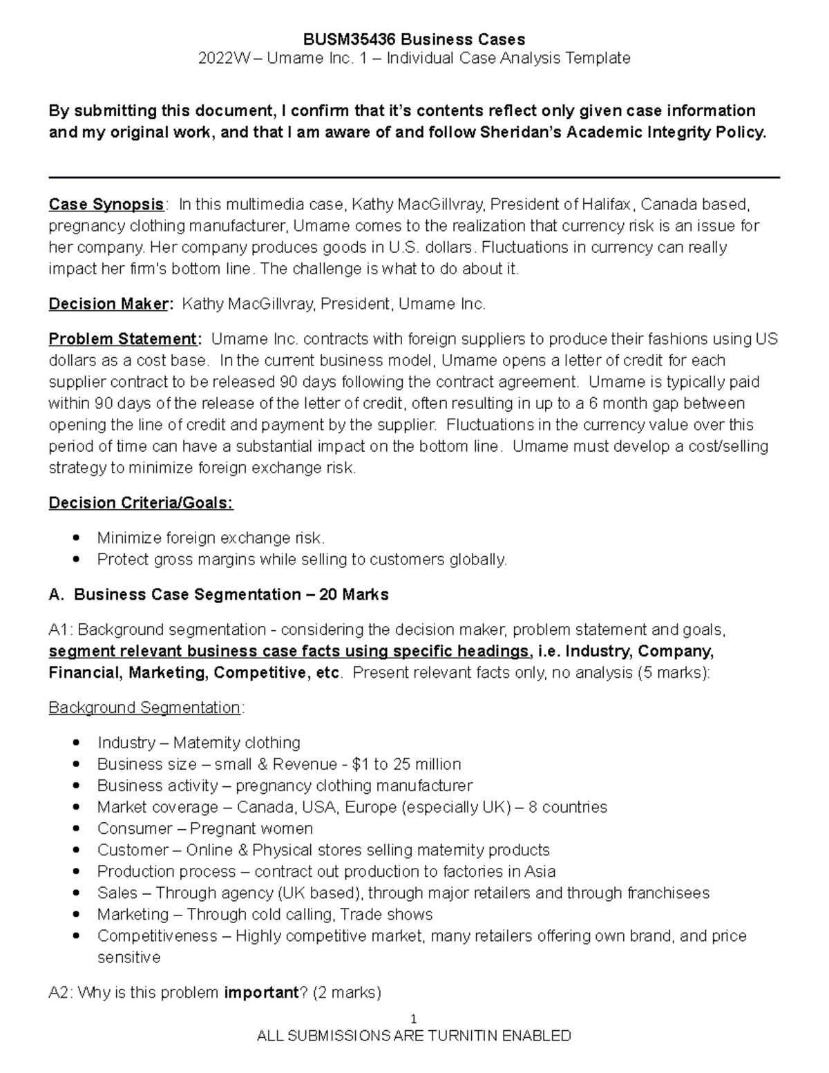 Umame Inc 1 - Individual Case Analysis Template - 2022W – Umame Inc. 1 ...