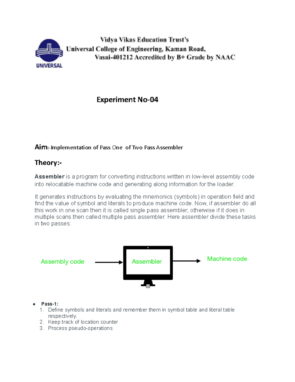 Spcc practical - Experiment No- Aim:-Implementation of Pass One of Two Pass Assembler Theory ...