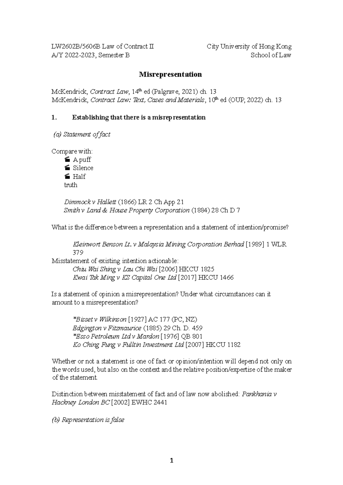 Misrep 2023B-RL - LW2602B/5606B Law of Contract II City University of ...