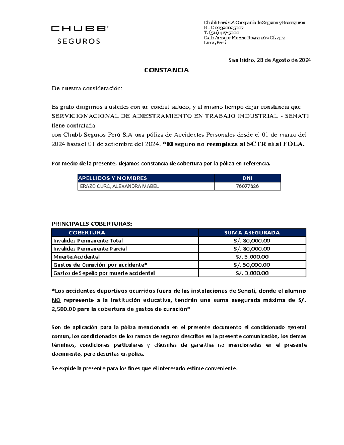 Erazo CURO, Alexandra Mabel - Chubb Perú S Compañía de Seguros y ...