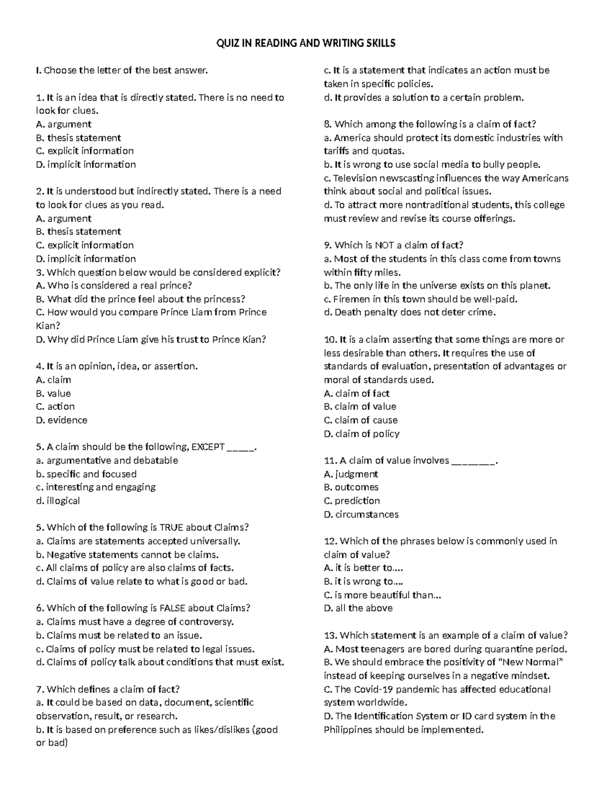 QUIZ IN Reading AND Writing Skills - QUIZ IN READING AND WRITING SKILLS ...