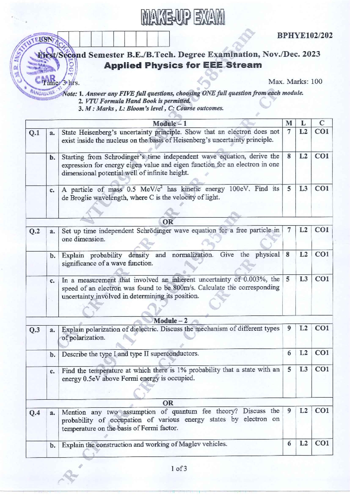 Make-Up VTU Question Paper of Bphye 202 Applied Physics for EEE Stream Nov-Dec-2023 - EXAM ...