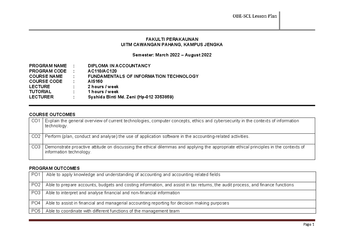 01 AIS160 OBE Lesson Plan Mar-Aug2022 - FAKULTI PERAKAUNAN UITM ...