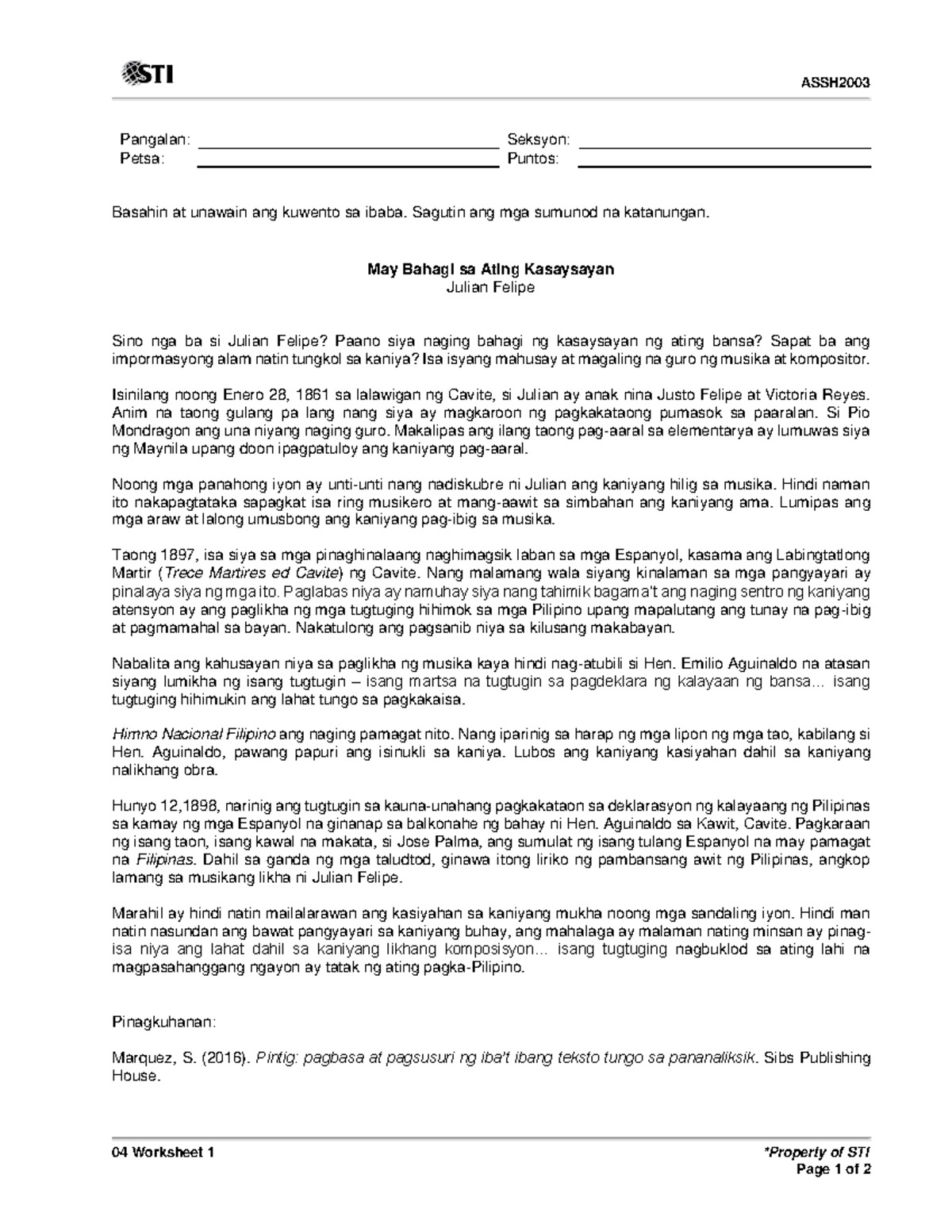 04 Worksheet 1 - fabm related - ASSH200 3 04 Worksheet 1 *Property of ...