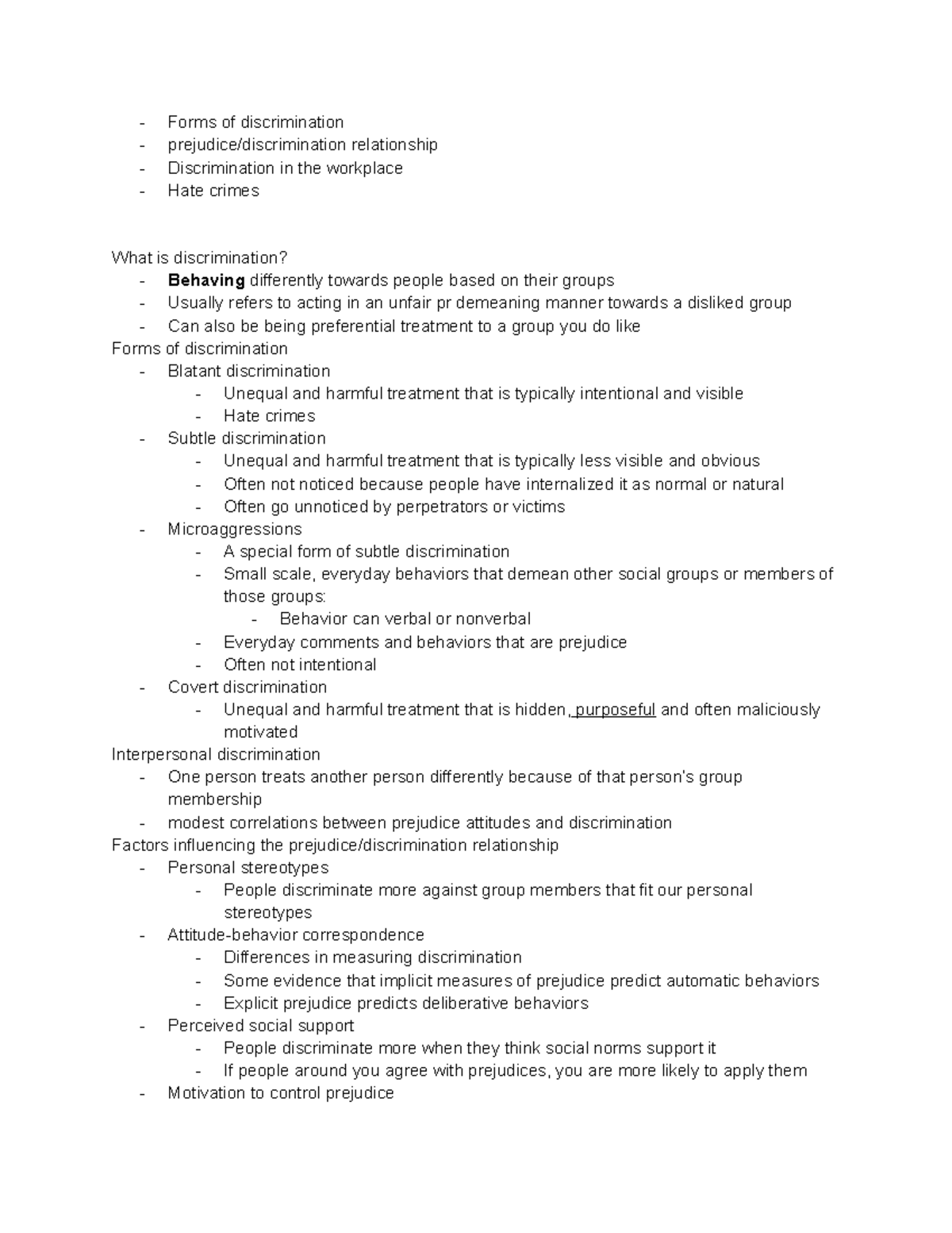 Lecture 9 notes - Forms of discrimination prejudice/discrimination ...