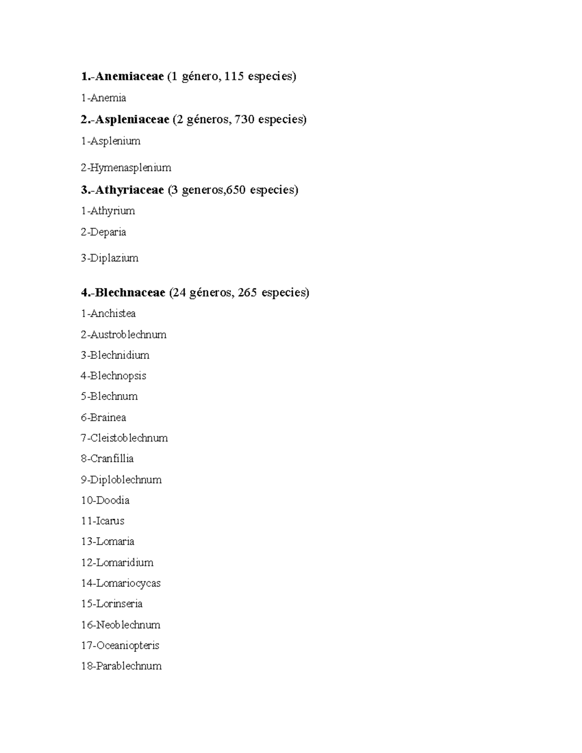 Lista de familias con información y géneros - 1.-Anemiaceae (1 género ...