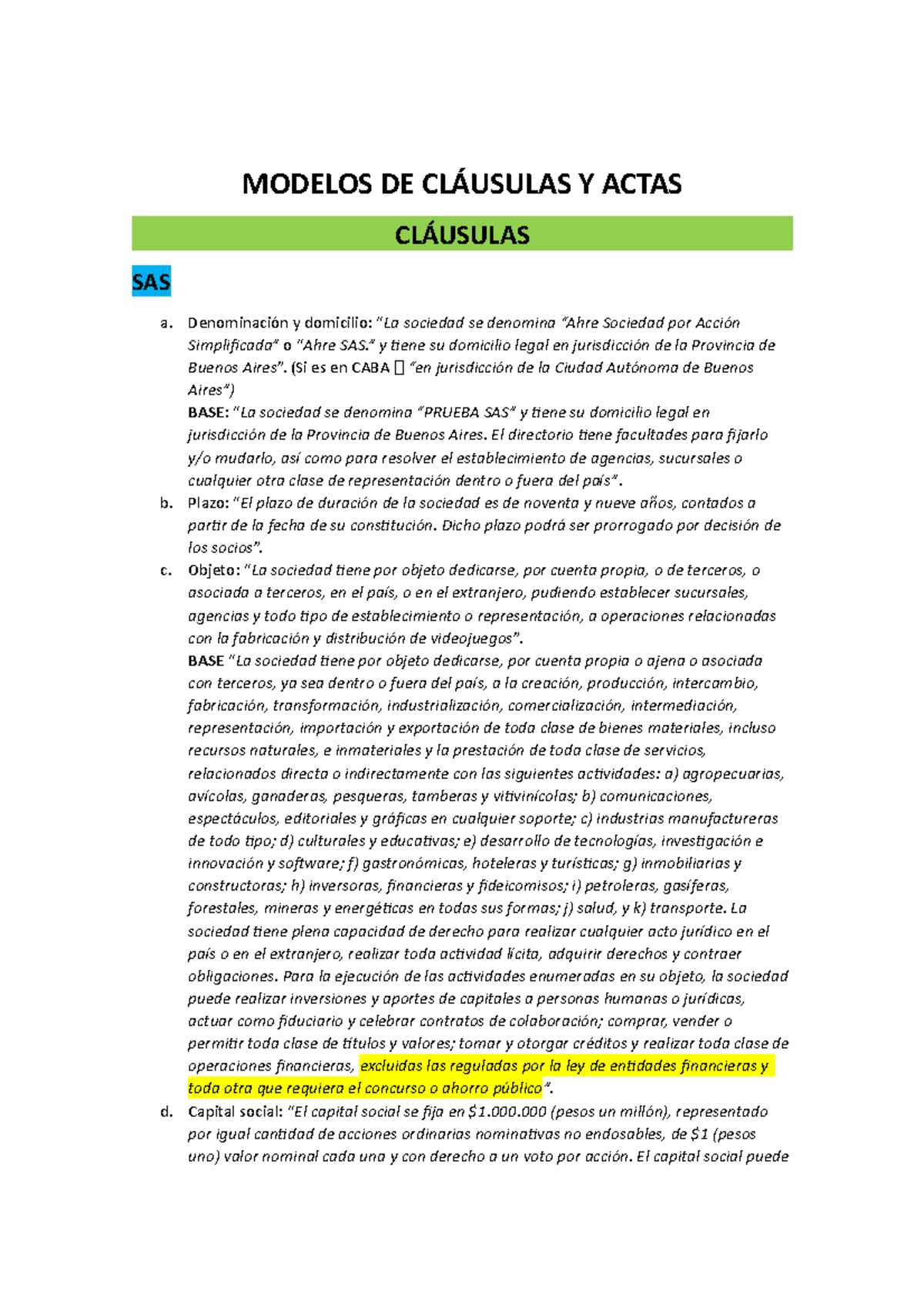 Modelos DE Cláusulas Y Actas 1º Parcial - MODELOS DE CLÁUSULAS Y ACTAS ...