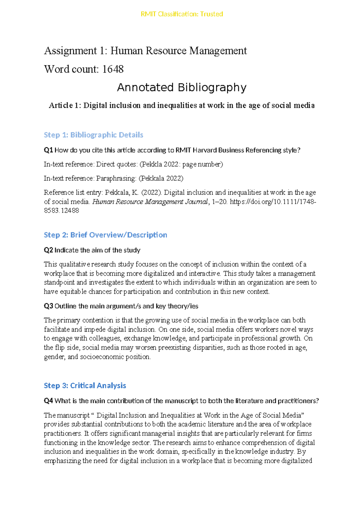 Assessment 1 HRM - Assignment 1: Human Resource Management Word count ...