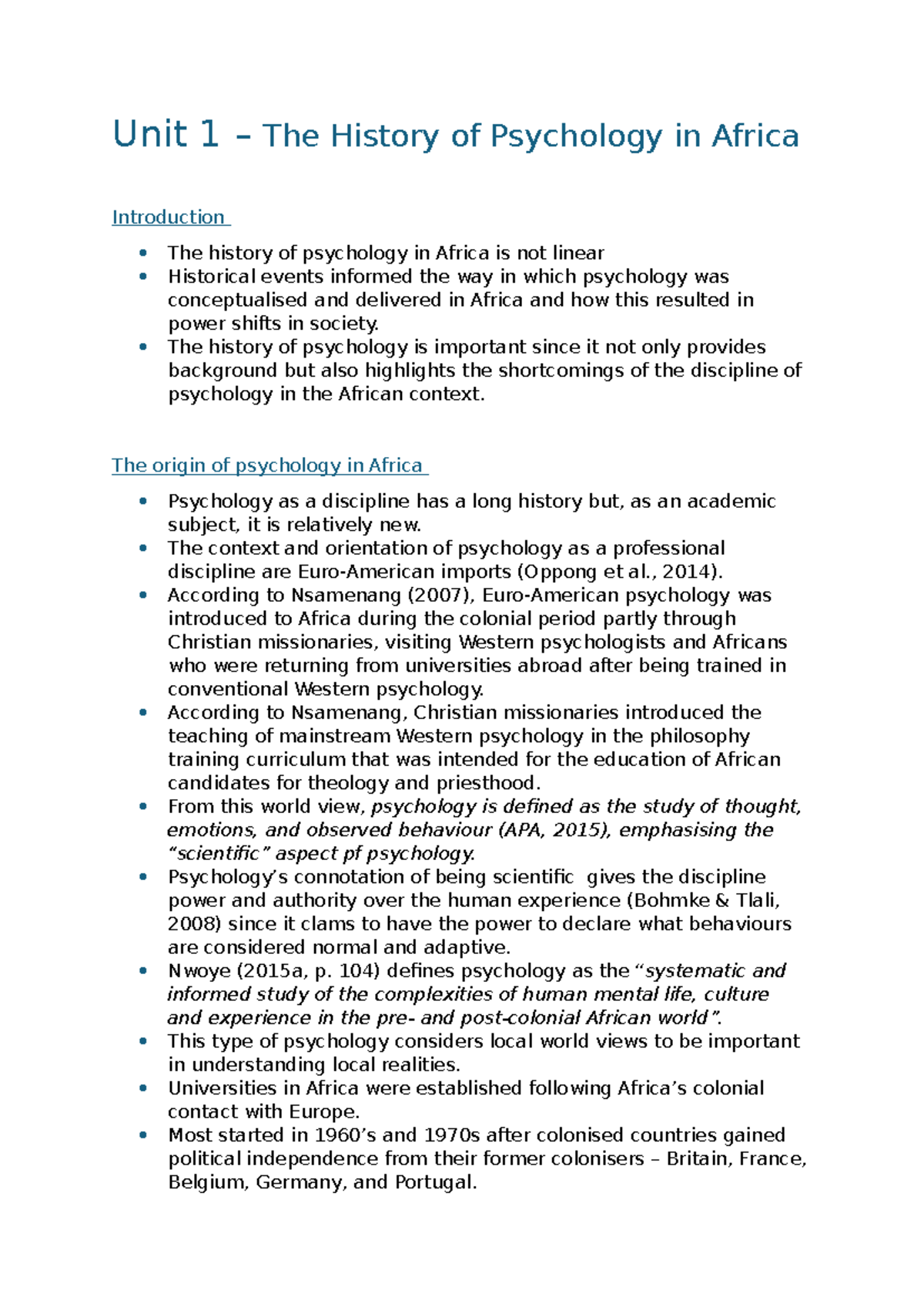 Unit 1 - The history of psychology in Africa - Unit 1 – The History of ...