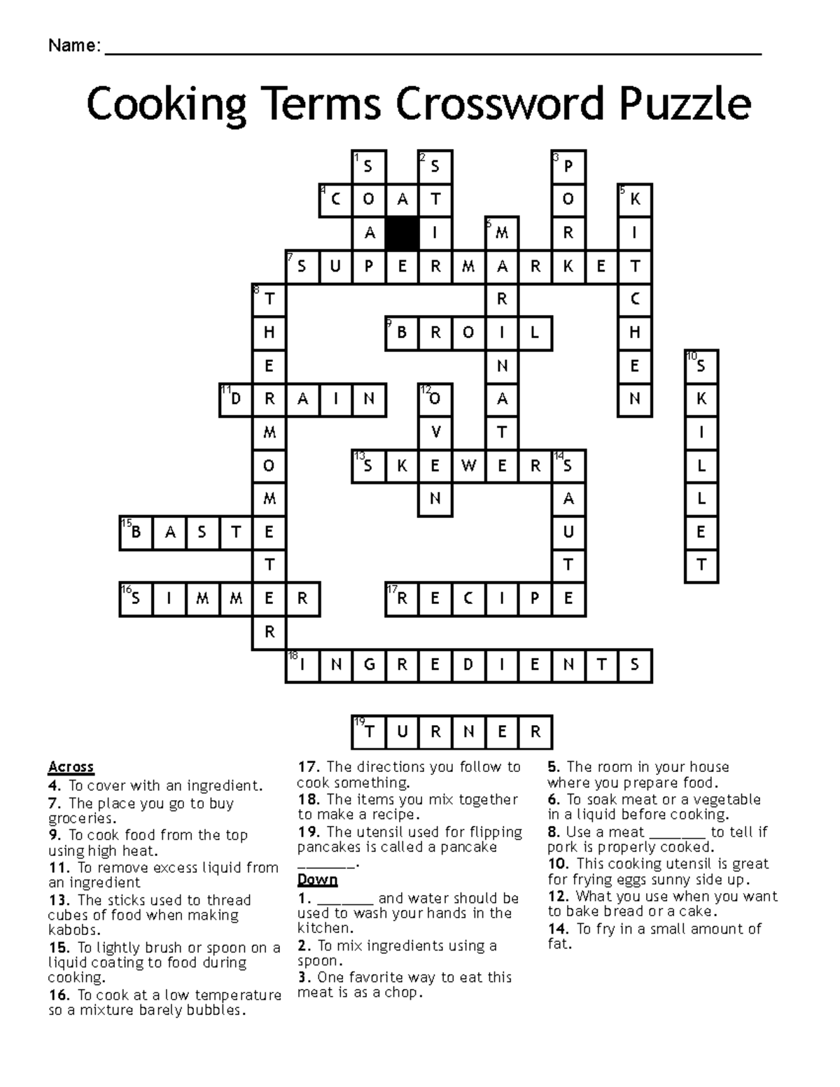 Cooking Terms Crossword Puzzle answer key - Name: - Studocu
