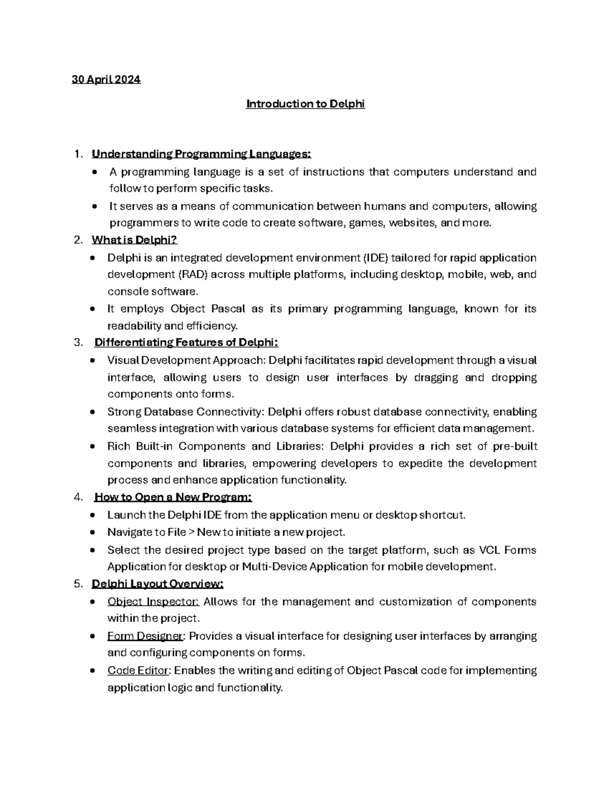 Delphi Grade 10 Notes 240505 203015 - 3 0 April 2024 Introduction to ...