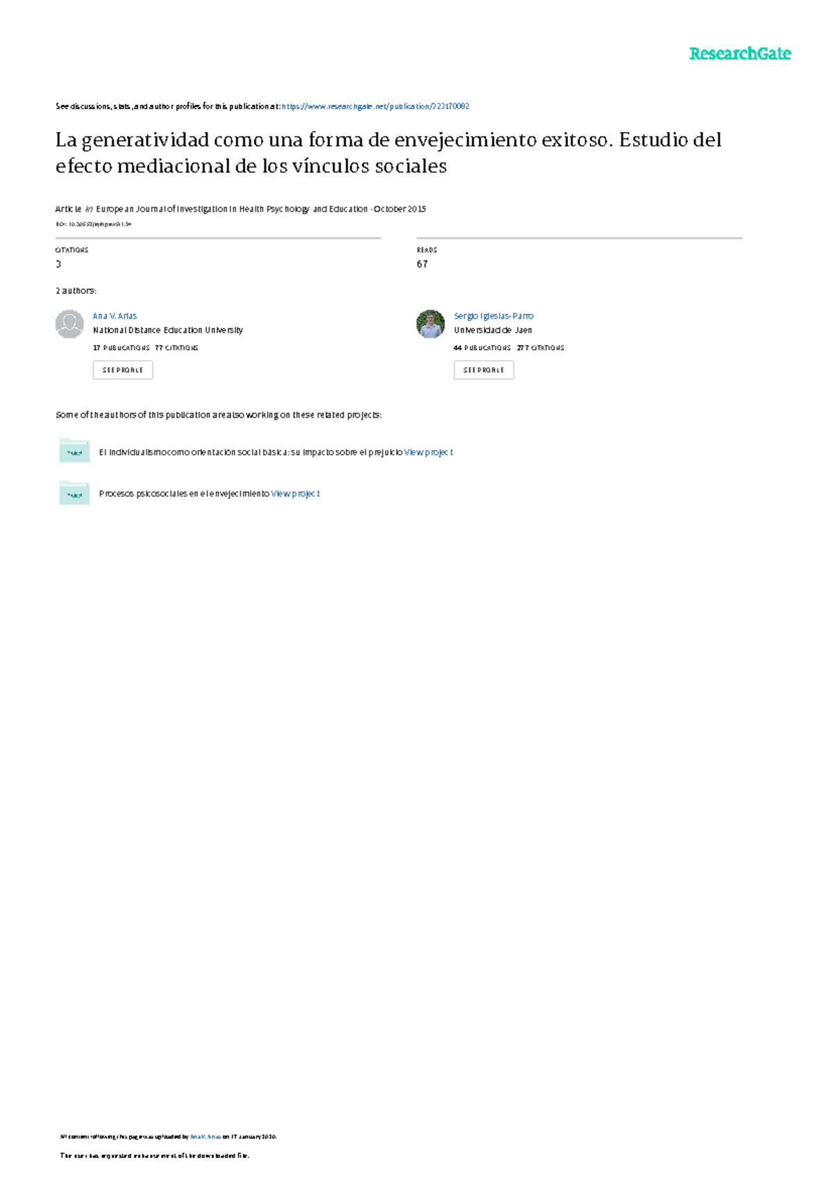 La generatividad como una forma de envejecimiento exitoso. Estudio del ...
