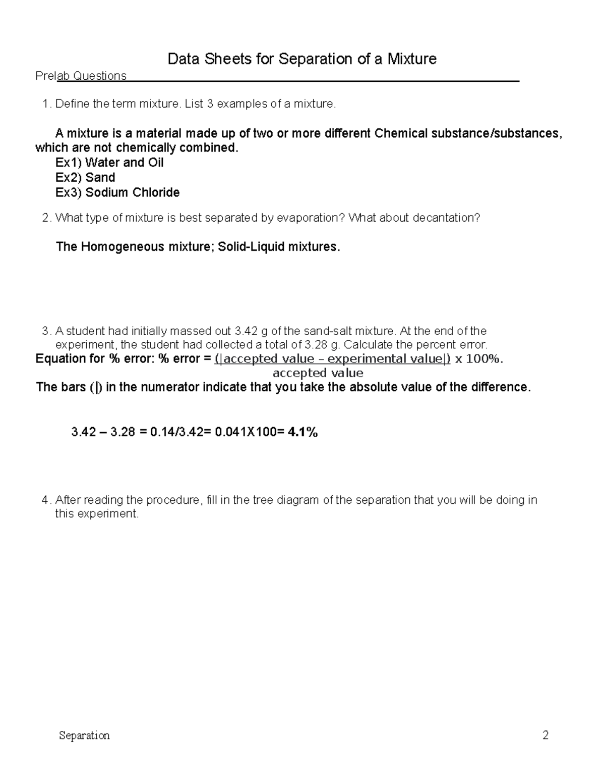 Separation of a Mixture Data Sheets SS21 - Data Sheets for Separation ...